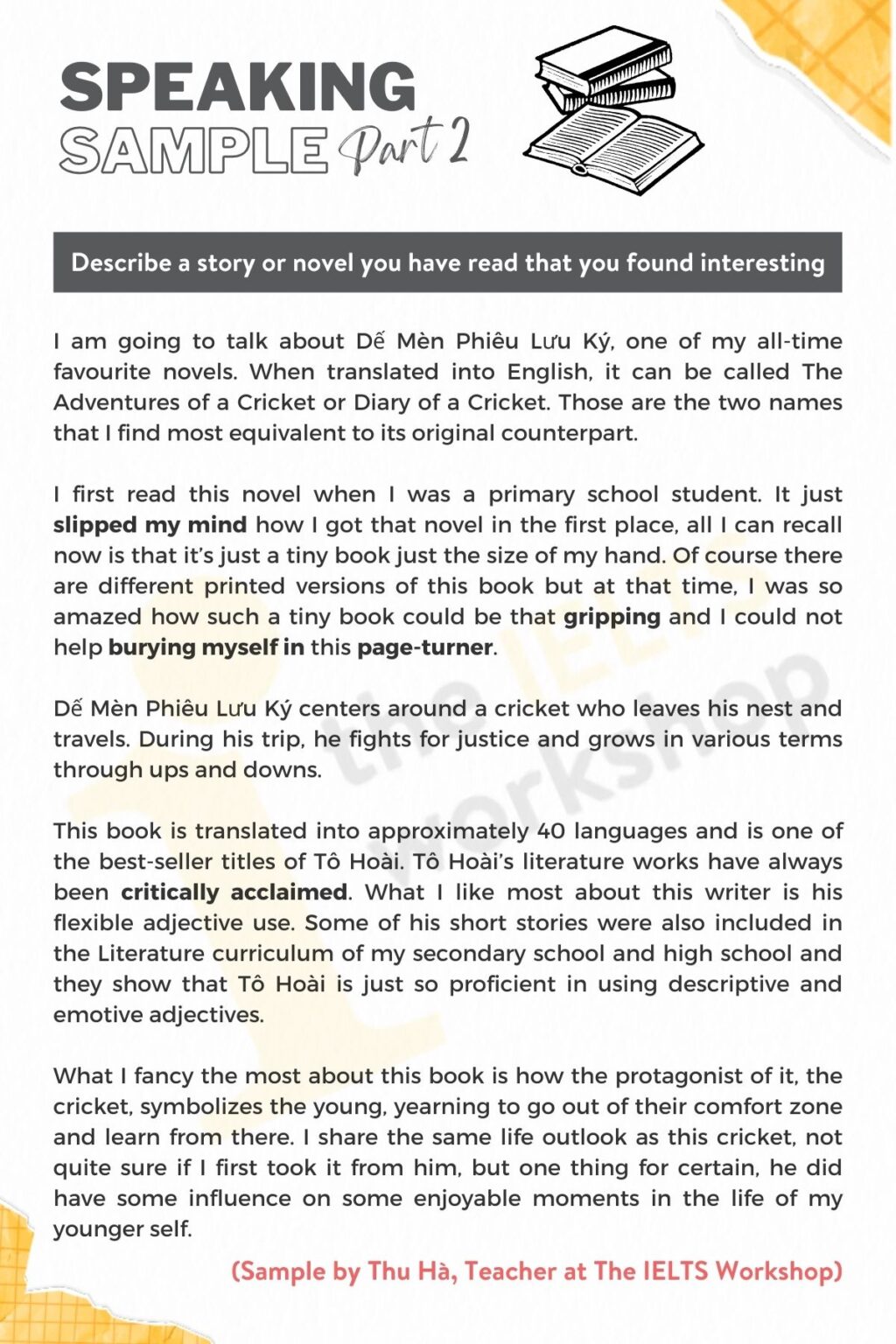 Describe a story or novel you have read - Bài mẫu IELTS Speaking Part 2 + 3