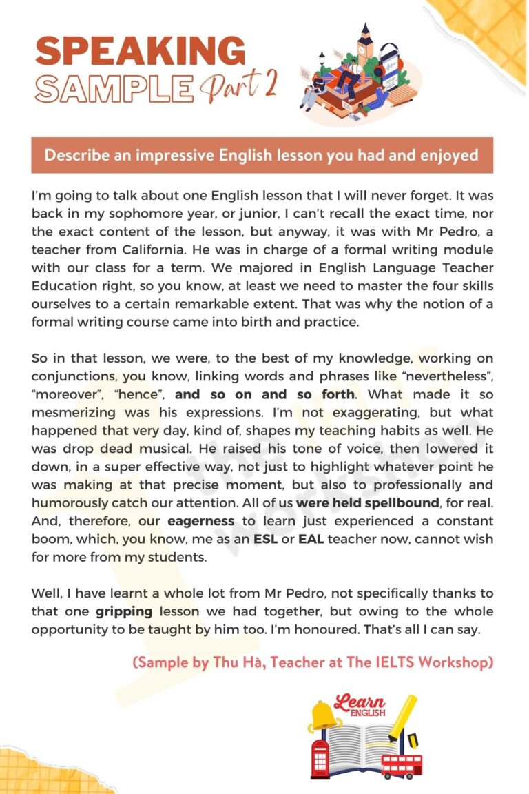 Describe an impressive English lesson you had - IELTS Speaking Part 2 + 3