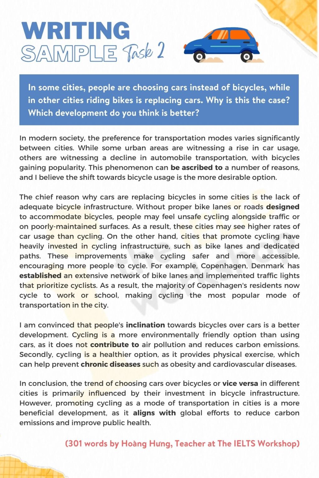 Giải đề thi IELTS Writing Task 2: Cars and Bicycles - THE IELTS WORKSHOP