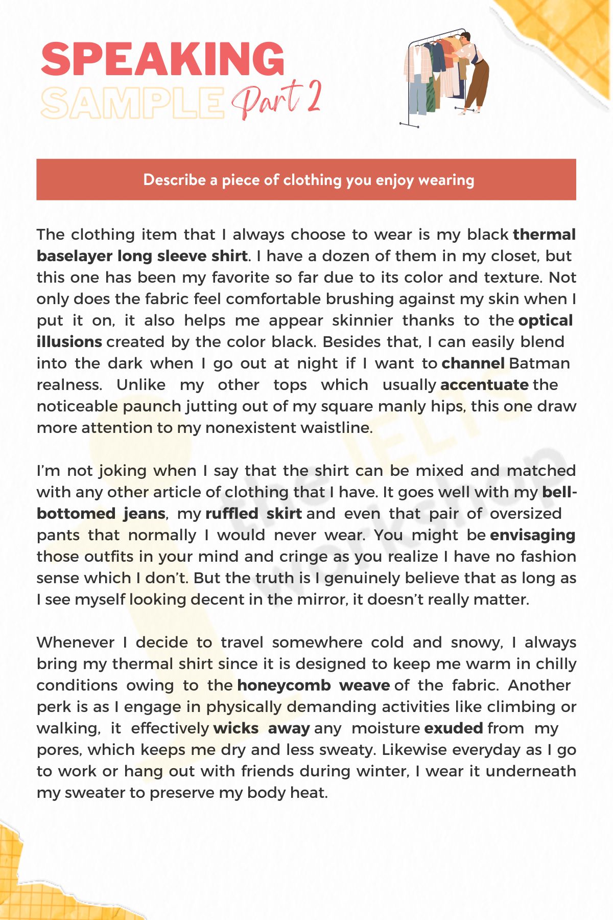 Describe a piece of clothing you enjoy wearing | IELTS Speaking Part 2 + 3