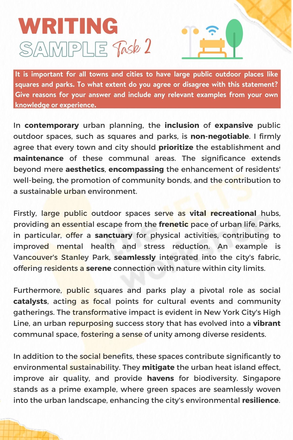 Public Outdoor Spaces IELTS Writing Task 2: Bài mẫu và từ vựng chi tiết