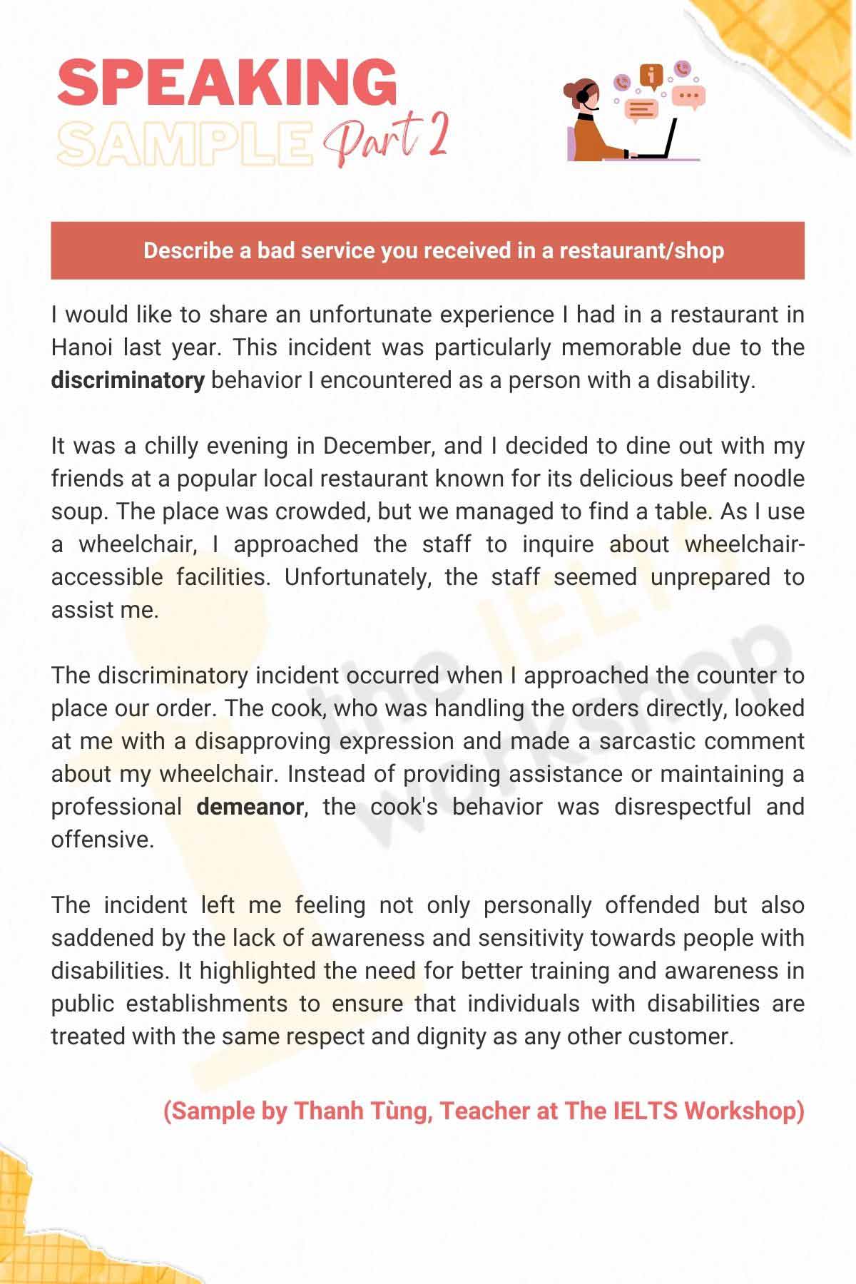 Sample Topic: Describe a bad service you received in a restaurant