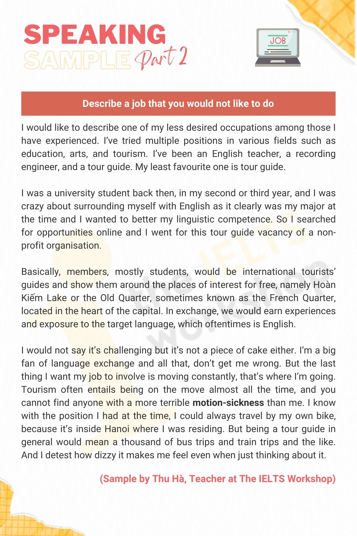 Bài mẫu Topic: Describe a job that you would not like to do