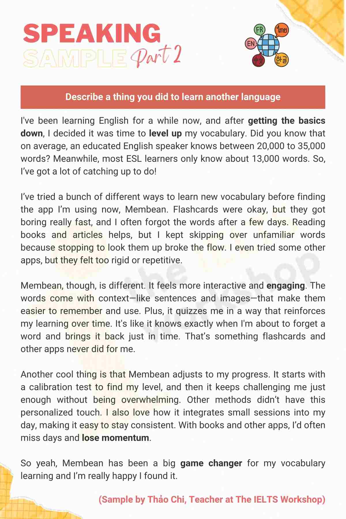 Bài mẫu: Describe a thing you did to learn another language